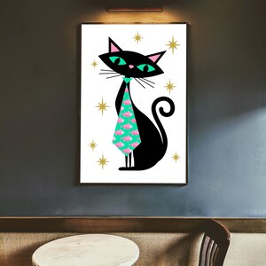 Cool Mid Century Modern Black Cat Print | Cat Lover Present, Retro Bar ...