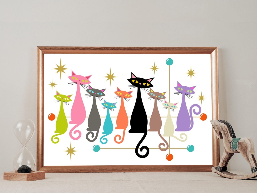 Mid-century Modern Atomic Cat Print | Cat Lover Present, Retro Bar ...