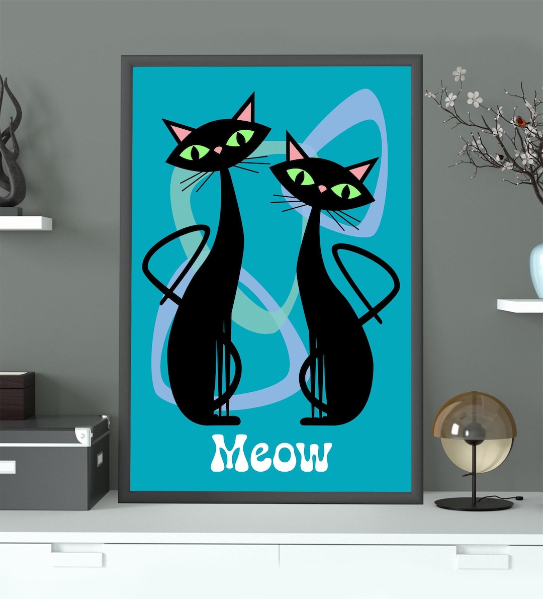 Cool Mid Century Modern Black Cat Print | Cat Lover Present, Retro Bar ...