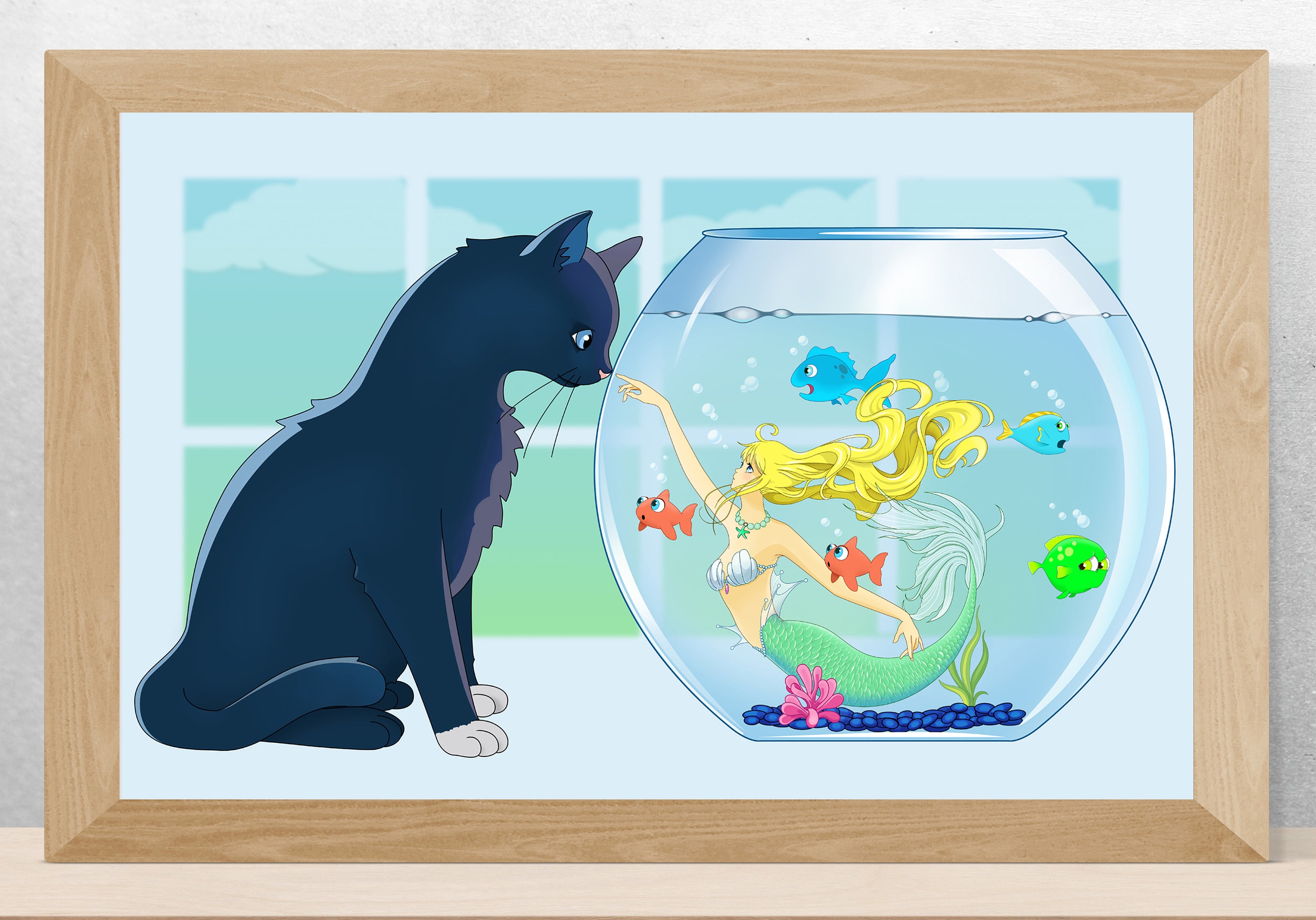 Mermaid & Cat Anime Style Poster | Anime Poster, Anime Wall Art, Anime ...
