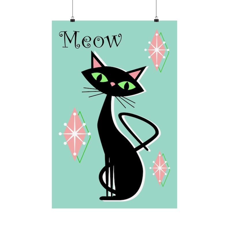 Funny Meow Cat Art Print | Space Age Atomic Kitten, Mid-century Modern ...