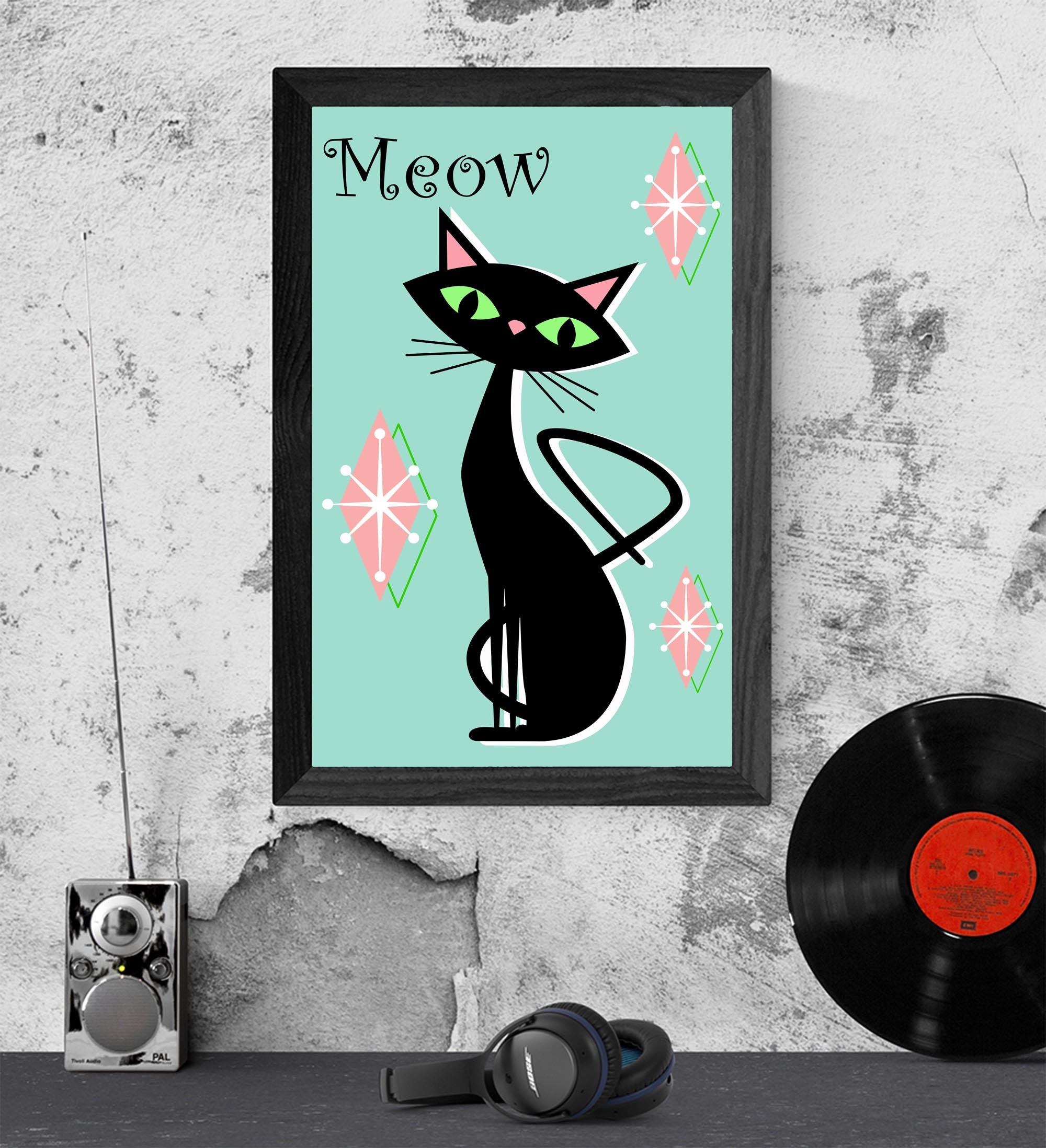 Funny Meow Cat Art Print | Space Age Atomic Kitten, Mid-century Modern ...