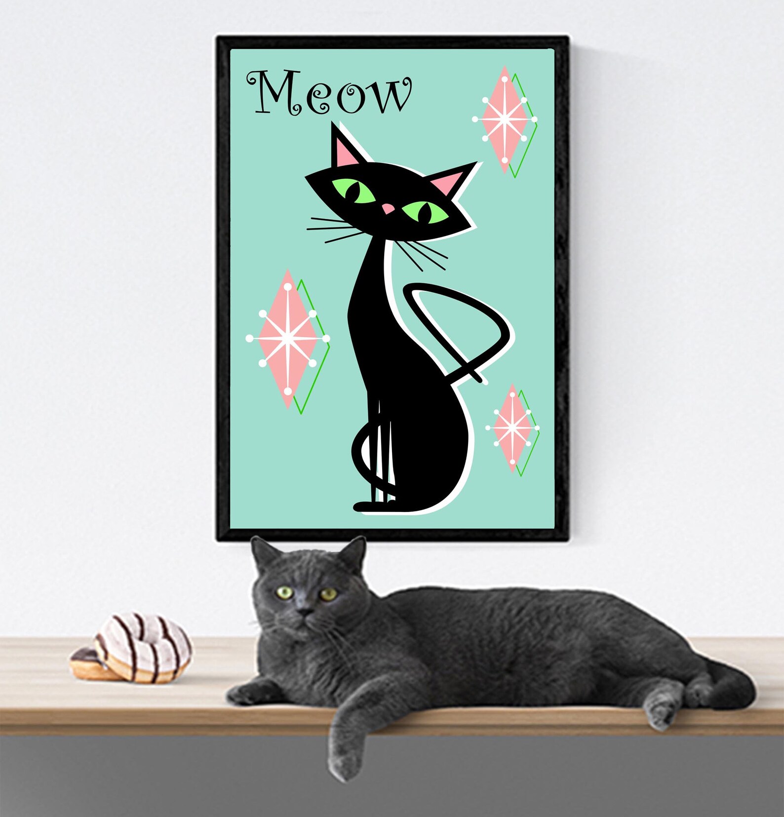 Funny Meow Cat Art Print | Space Age Atomic Kitten, Mid-century Modern ...