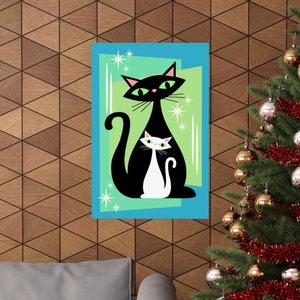 Cute Cat Art Print | White & Black Atomic Kitties, Mid-century Modern ...