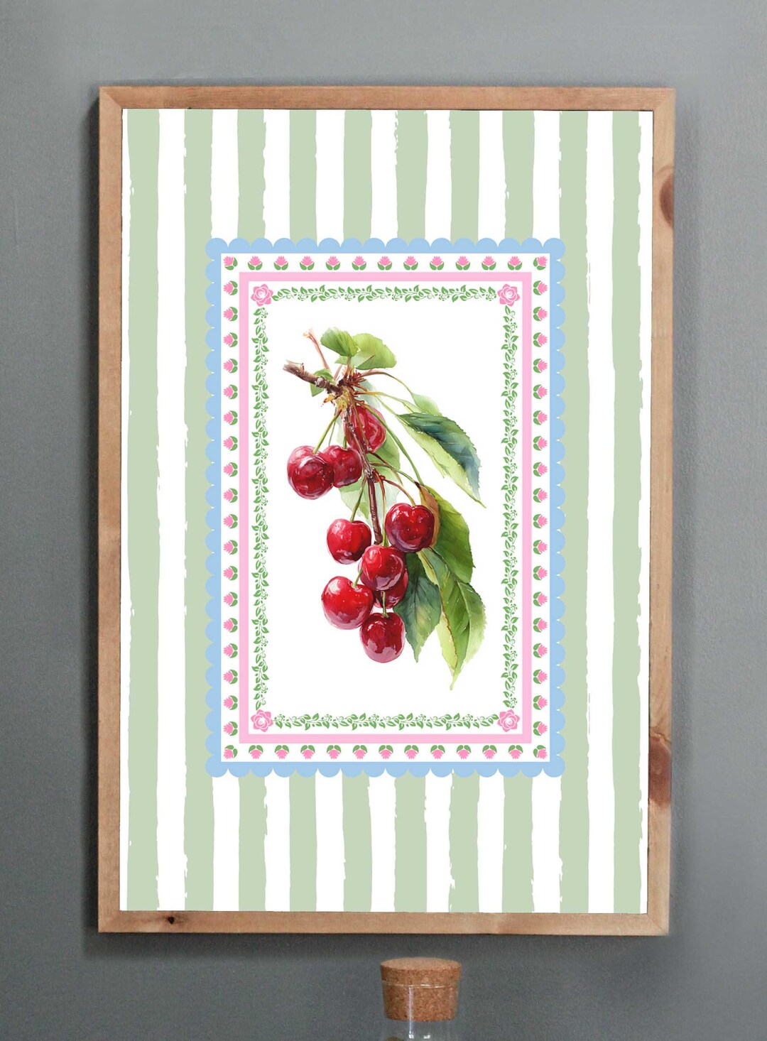 Vintage Striped Cherry Poster Print, Cottagecore Farmhouse Wall Art ...