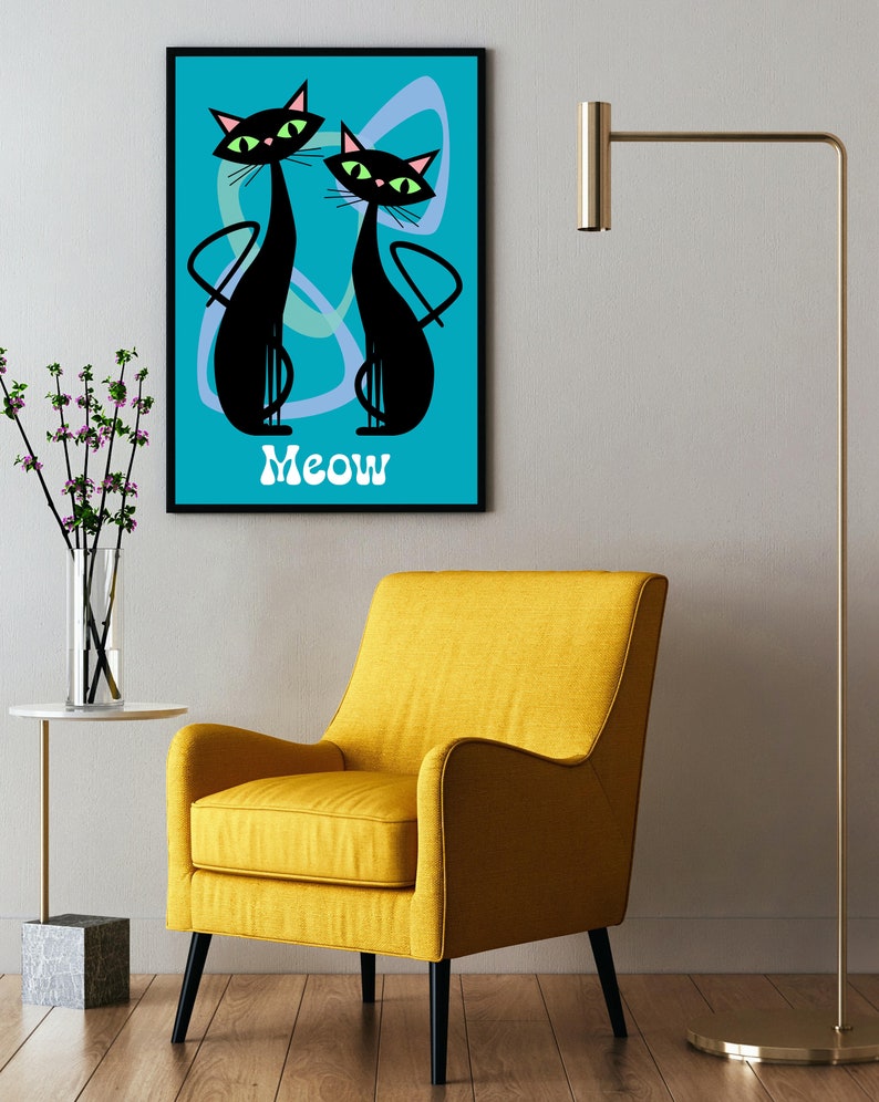 Cool Mid Century Modern Black Cat Print | Cat Lover Present, Retro Bar ...