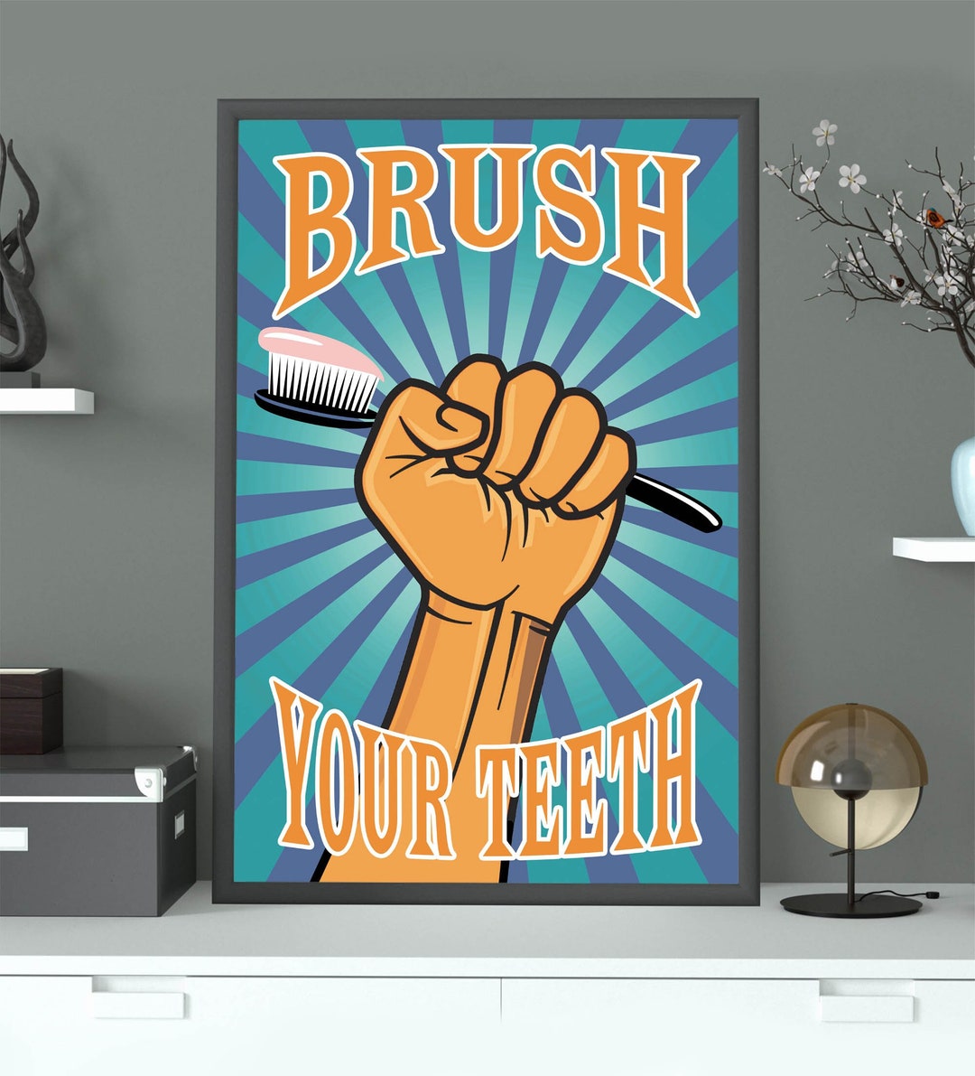 Brush Your Teeth Poster | Bathroom Decor, Kid's Wall Art, Brushing ...