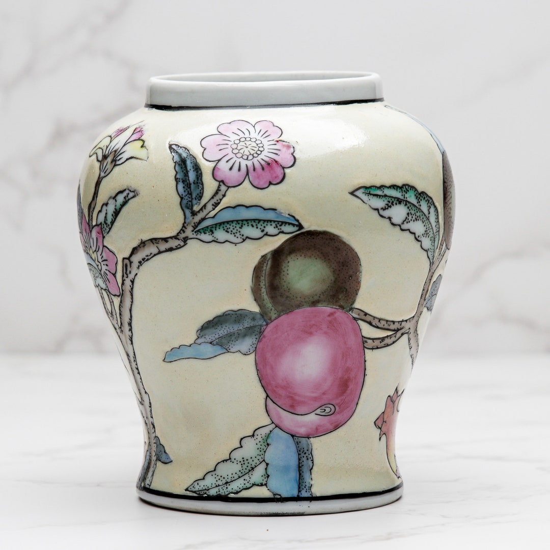 WBI Chinese Chinoiserie Enameled Porcelain Plum Tree Flower Vase Jar 4. ...