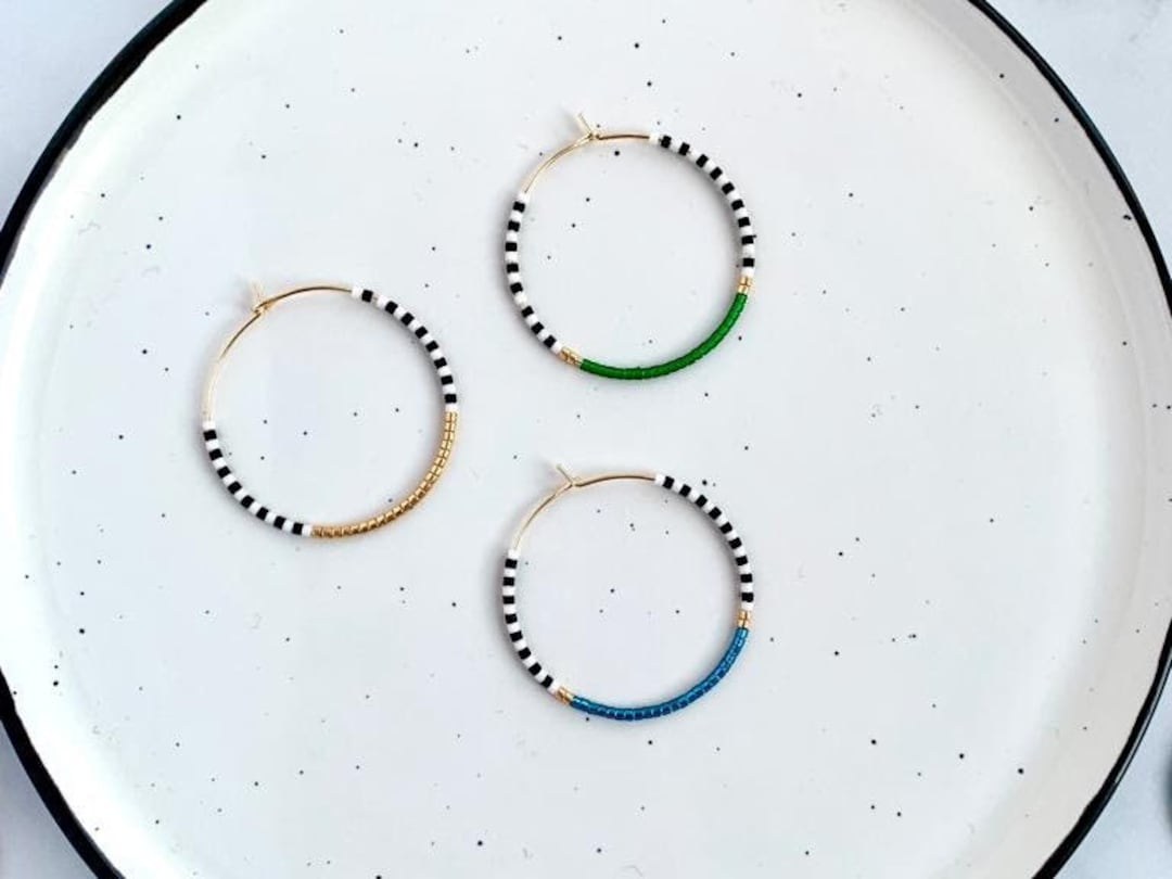 Beads Hoop Earrings, Minimalist Glass Bead Gold Hoop Earrings, Seed ...