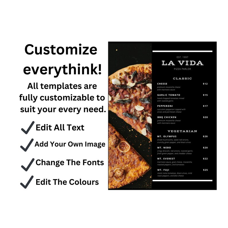 Editable Pizza Menu Template for Canva | A4 Customizable Restaurant ...