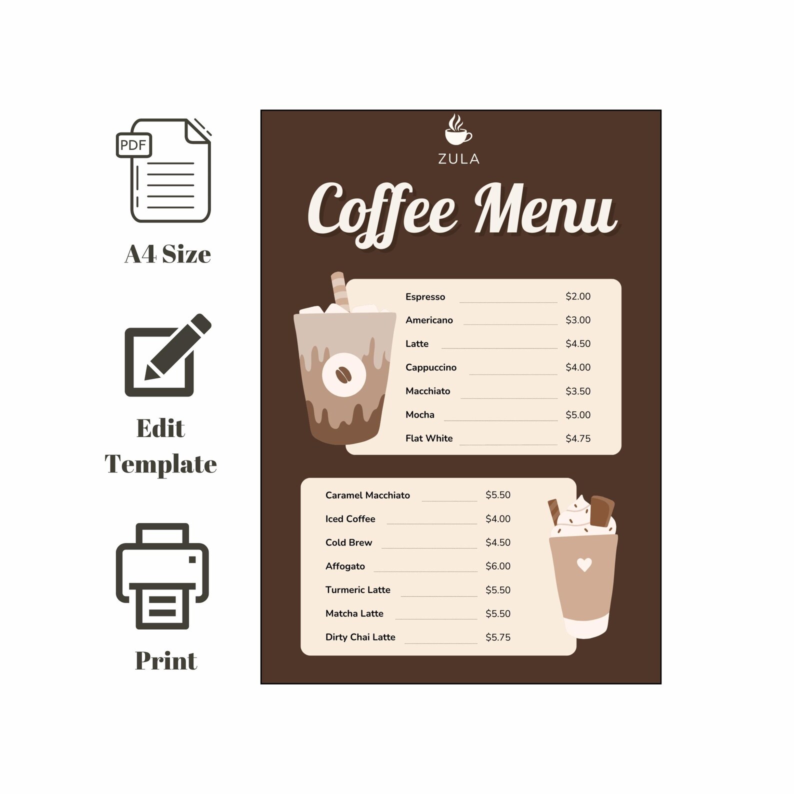 Customizable A4 Size Coffee Menu Template in Canva, Printable Café ...