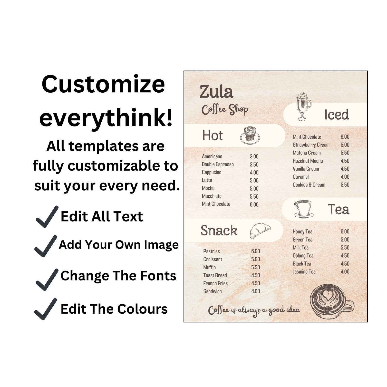 Customizable Café Menu Template in Canva, A4 Size Printable Coffee ...