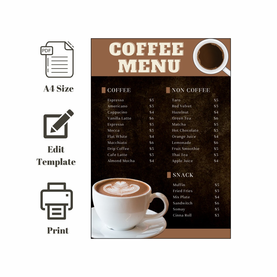 Coffee Bar Menu Template in Canva, Editable A4 Size Café Price List ...