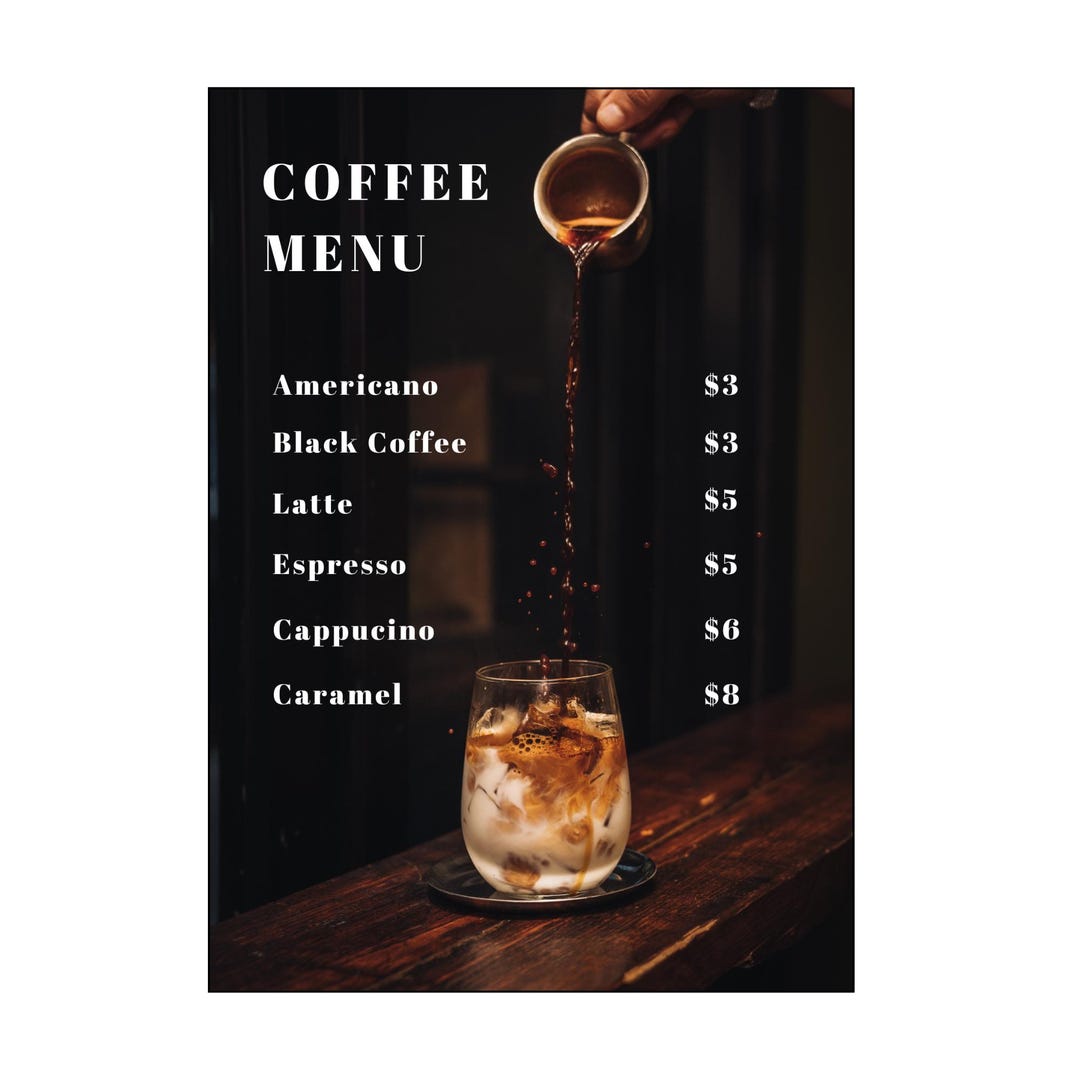 Editable Coffee Menu Template for Canva, Custom A4 Size Café Price List ...