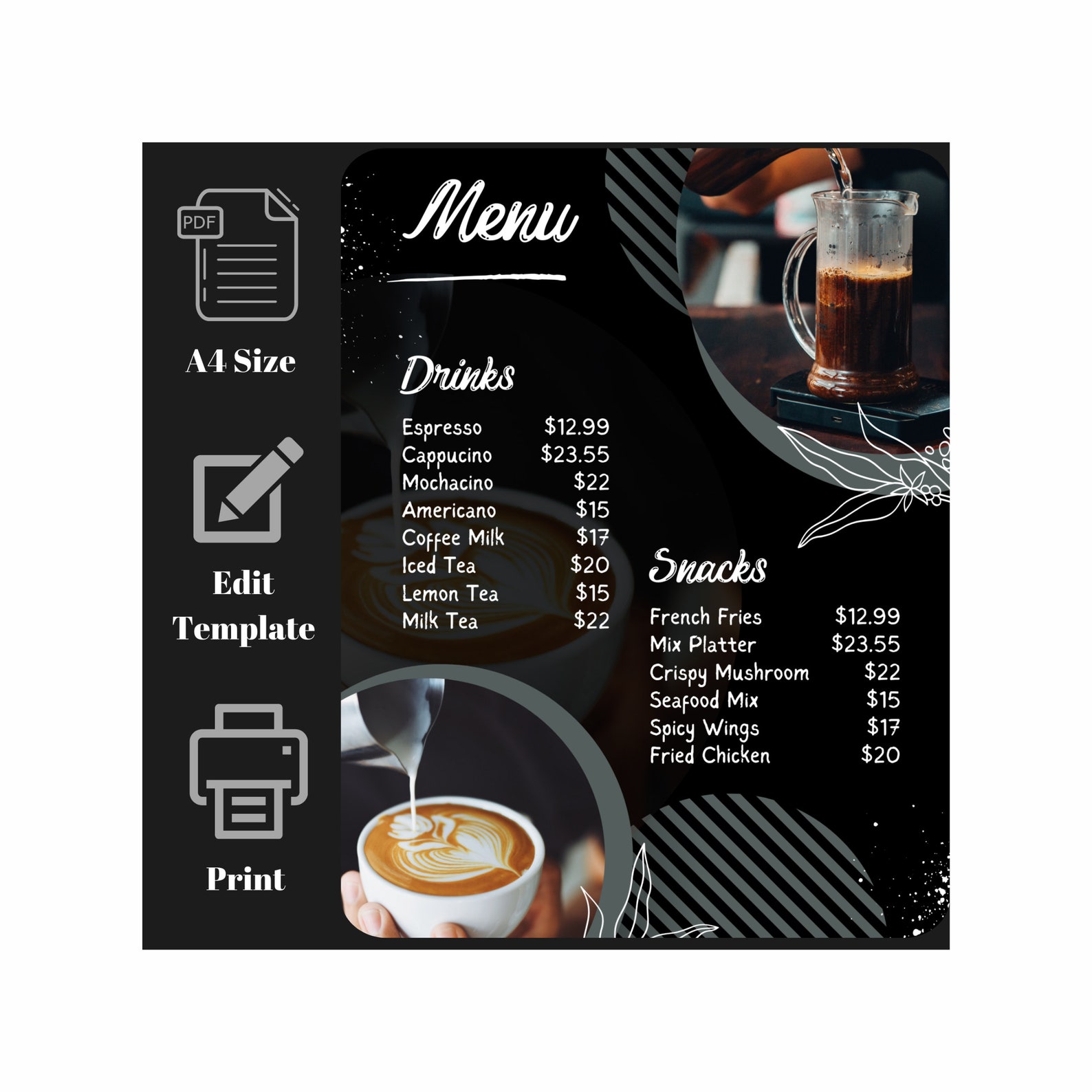 Custom Coffee Menu Template for Canva, A4 Size Editable Café Menu ...