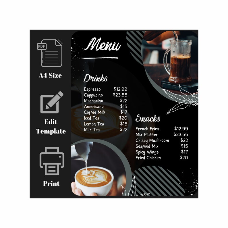 Editable Coffee Shop Menu Template, A4 Café Design (canva) - Etsy