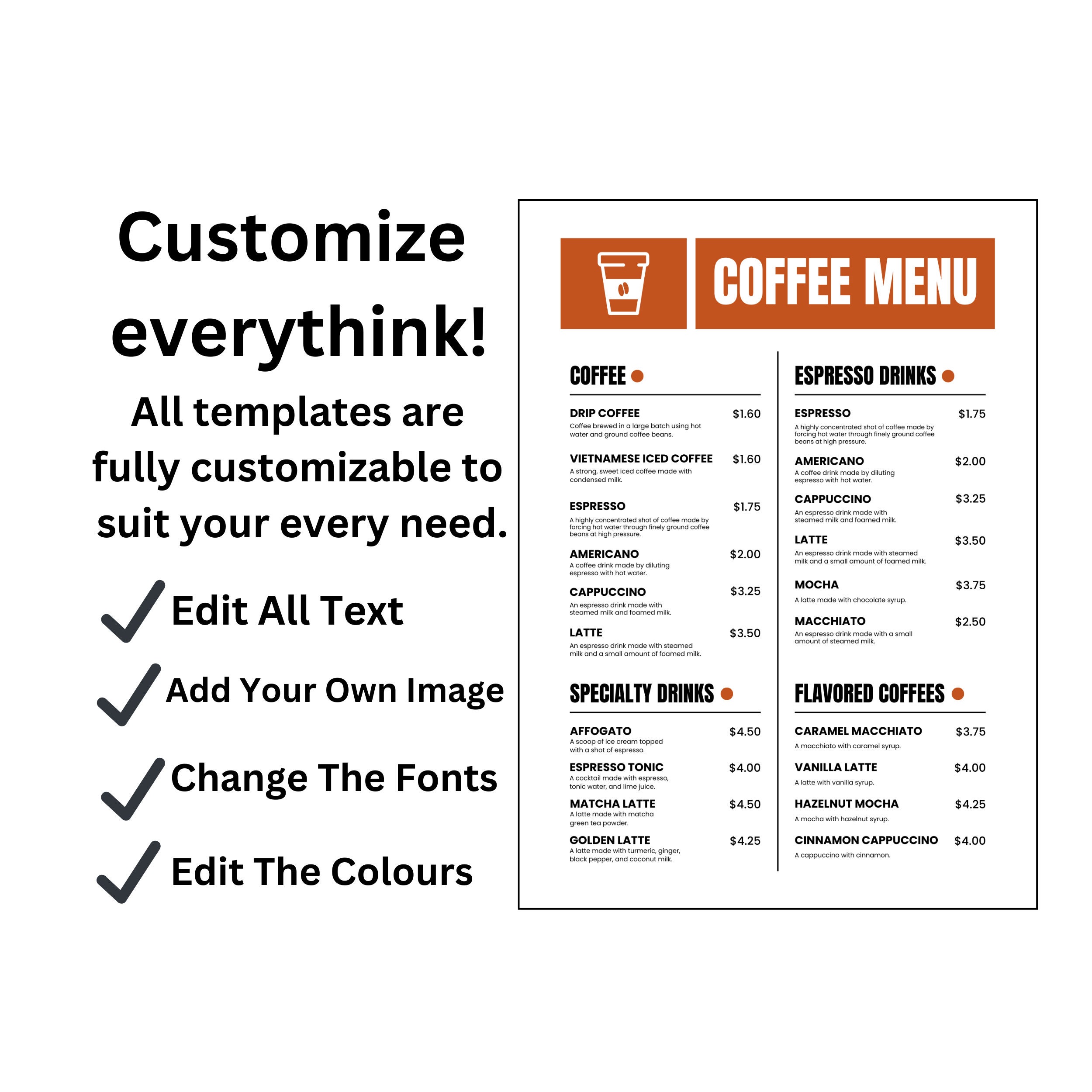 Coffee Menu Template Canva Editable, A4 Size Custom Price List for ...