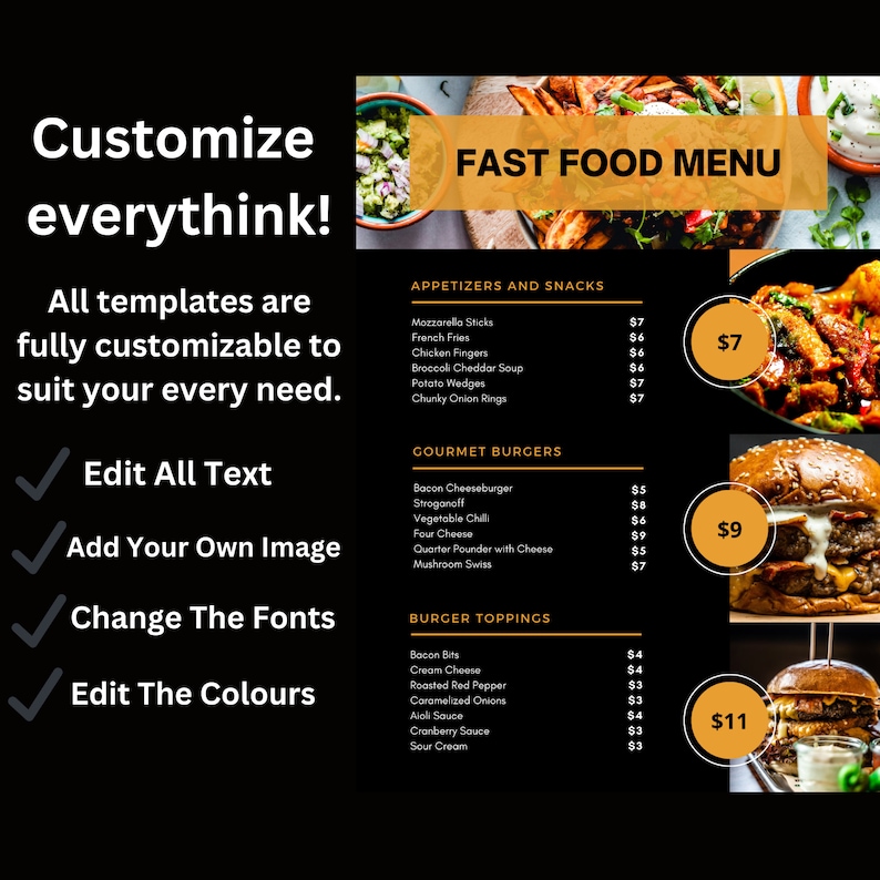Canva Restaurant Menu Template | Editable A4 Fast Food Design | Instant ...