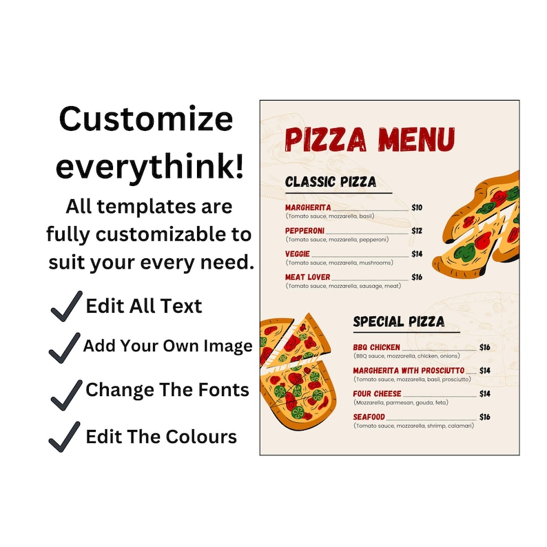 Pizza Menu Template for Canva | Custom A4 Editable Restaurant Menu ...