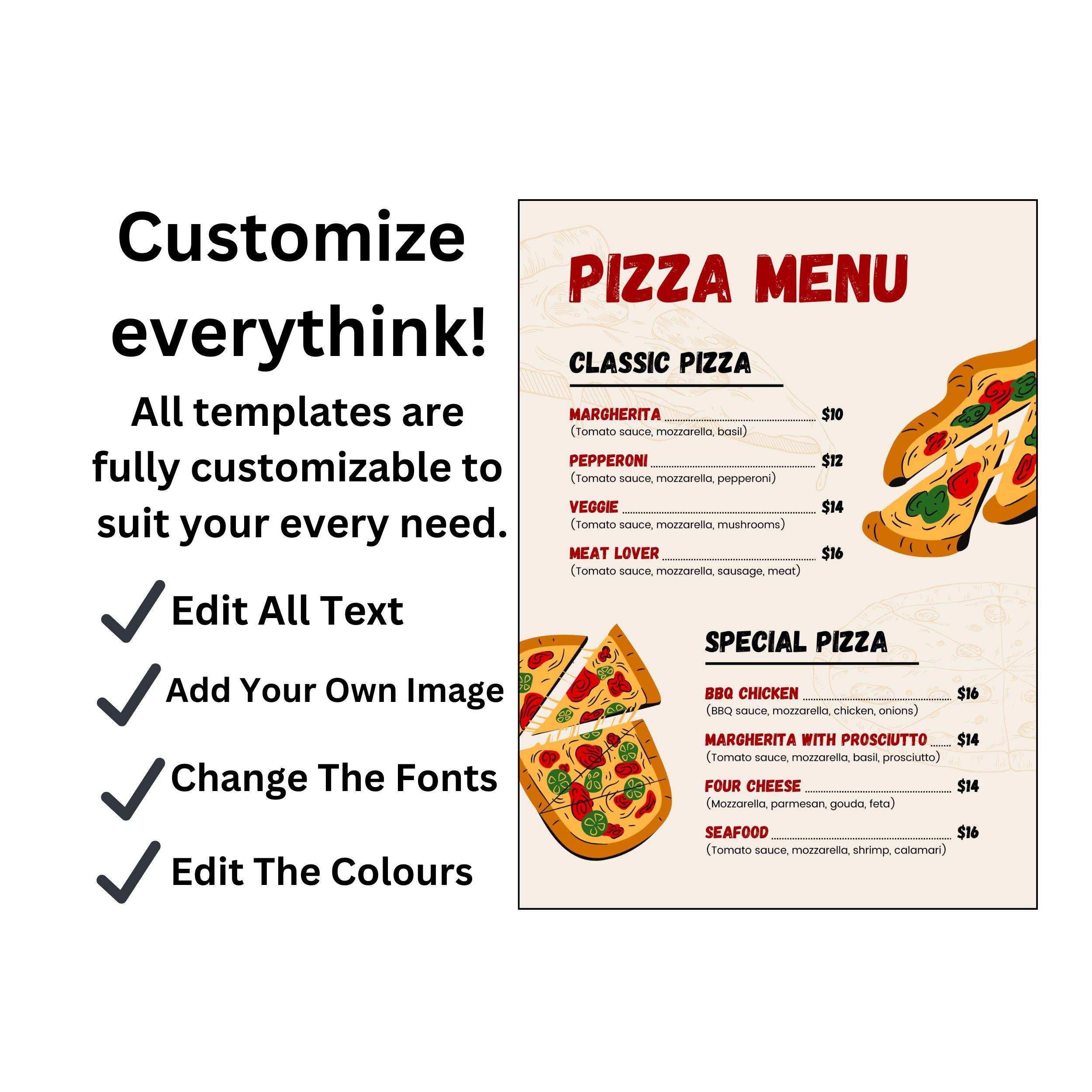 Pizza Menu Template for Canva | Custom A4 Editable Restaurant Menu ...
