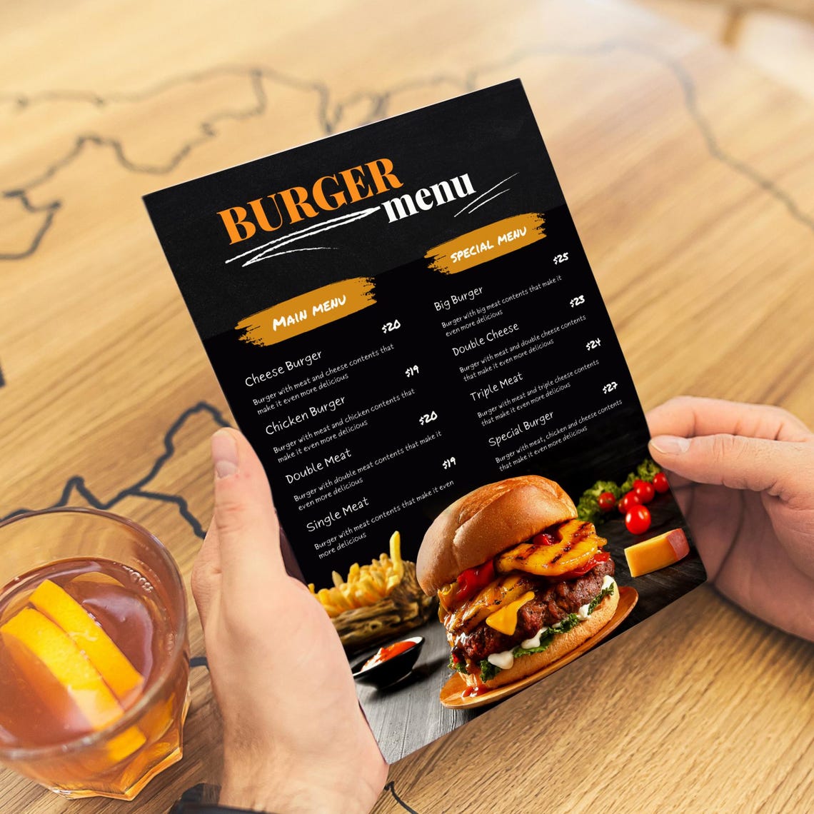 Modern Burger Menu Design for Canva, Customizable A4 Fast Food Menu ...