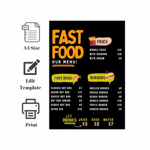 Fast Food Style Menu Template in Canva | A4 Editable Restaurant Menu ...