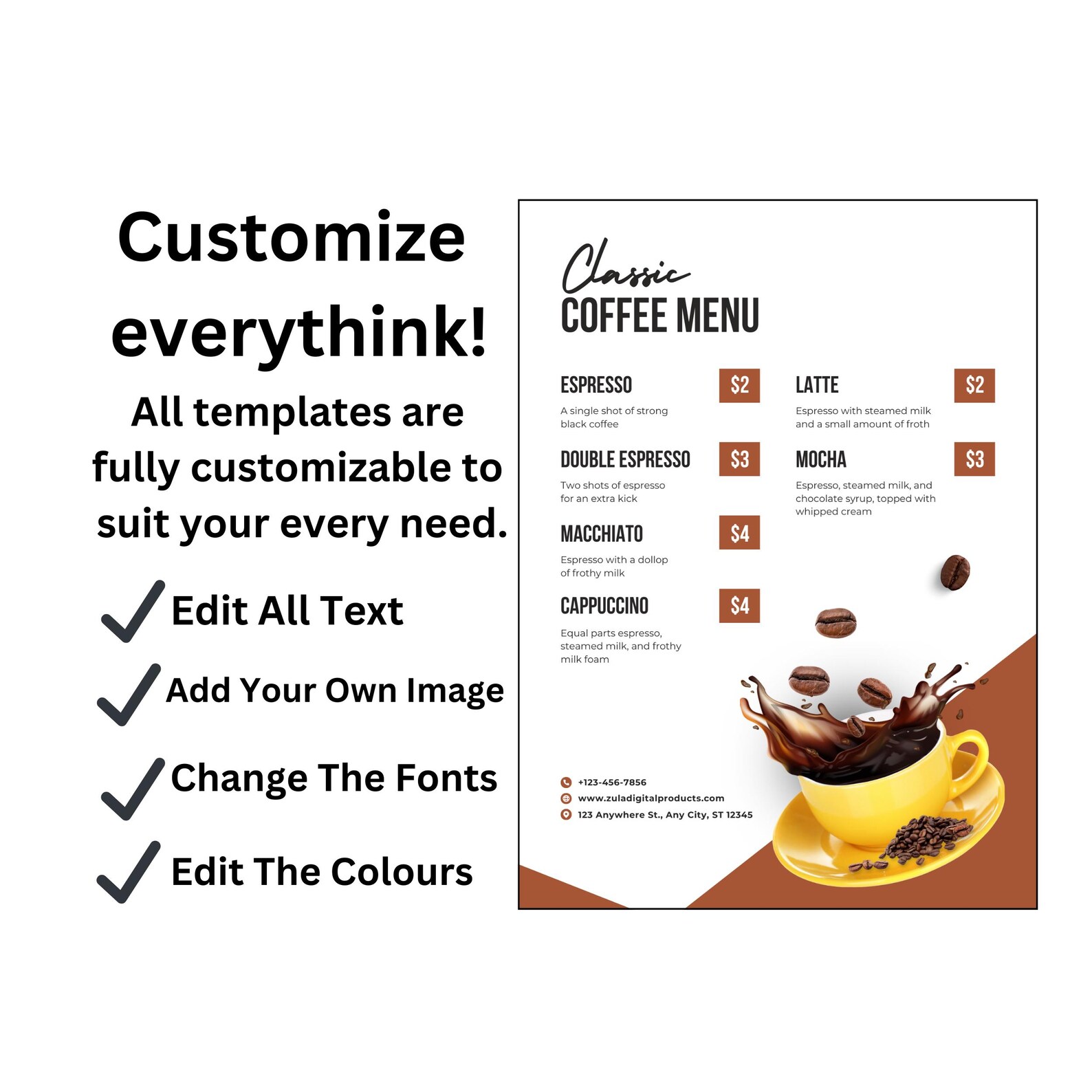 Coffee Menu Template Editable in Canva, A4 Size Printable Coffee Shop ...