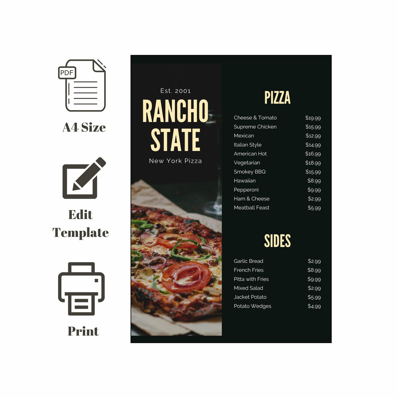 Pizza Restaurant Menu Template in Canva | Editable A4 Design | Instant ...