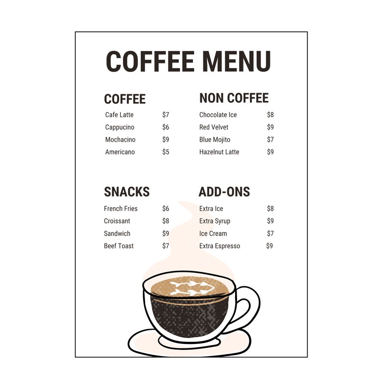 Coffee Menu Template, Customizable Coffee Menu Template, Coffee Shop ...