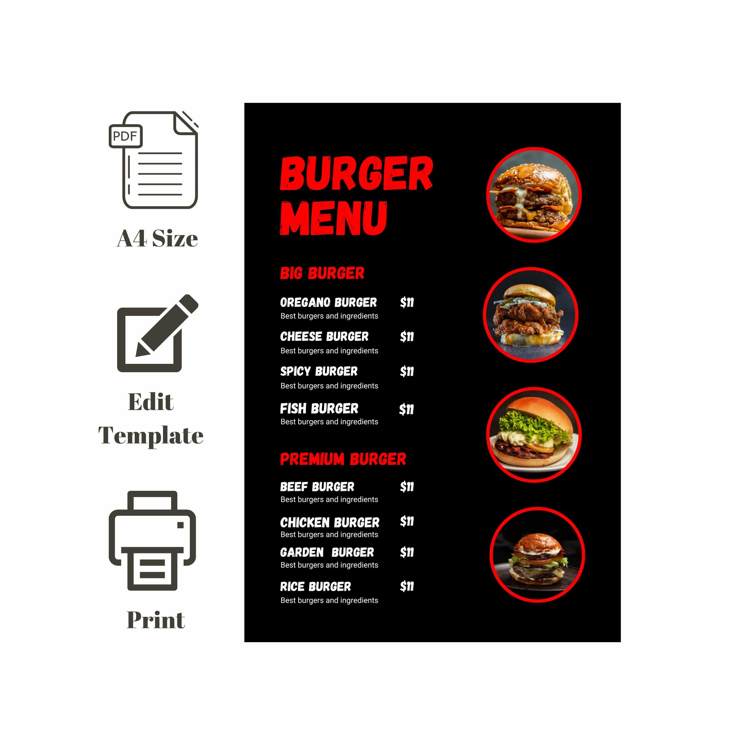 Editable Burger Menu Canva A4 Template, Custom Fast Food Layout ...