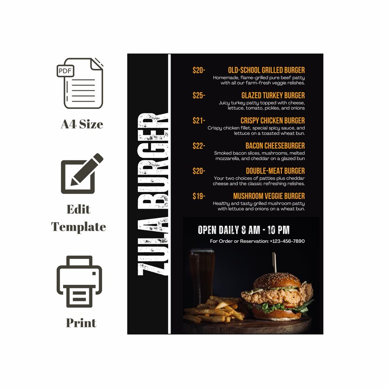 A4 Size Canva Burger Menu Template, Customizable Fast Food Menu for ...