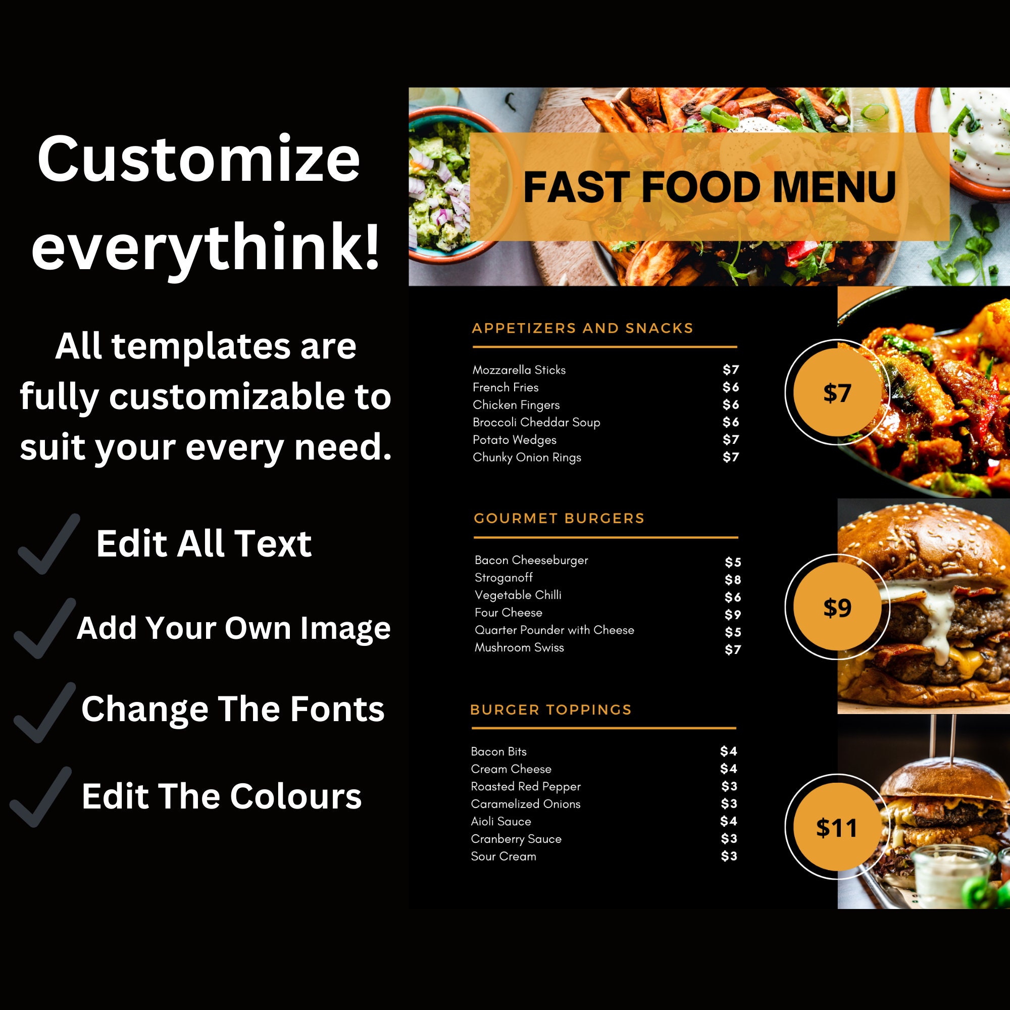 Set of 4 Fast Food Menu Templates | Editable Fast Food Menu Templates ...