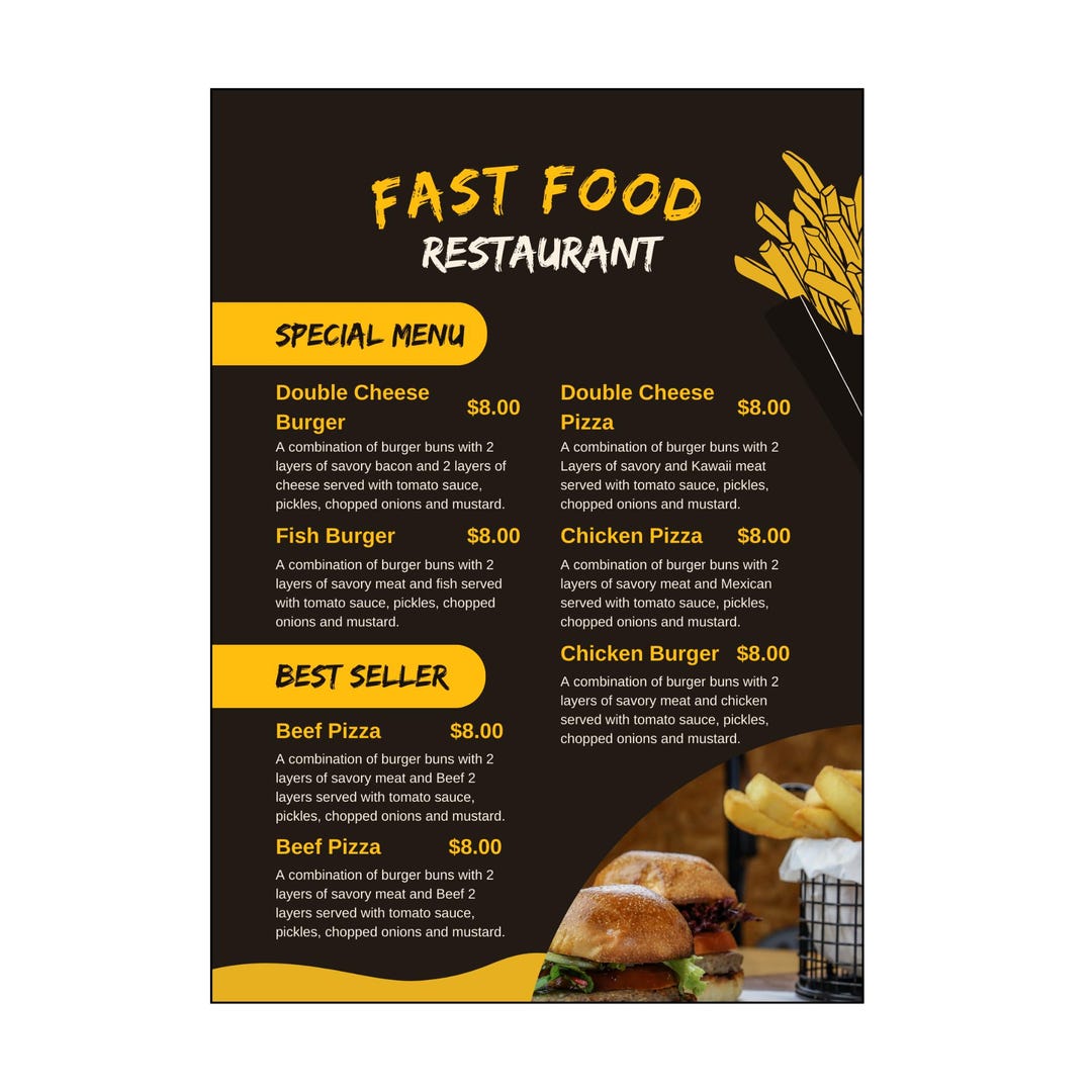 Editable Fast Food Restaurant Menu Template | Canva A4 (digital ...