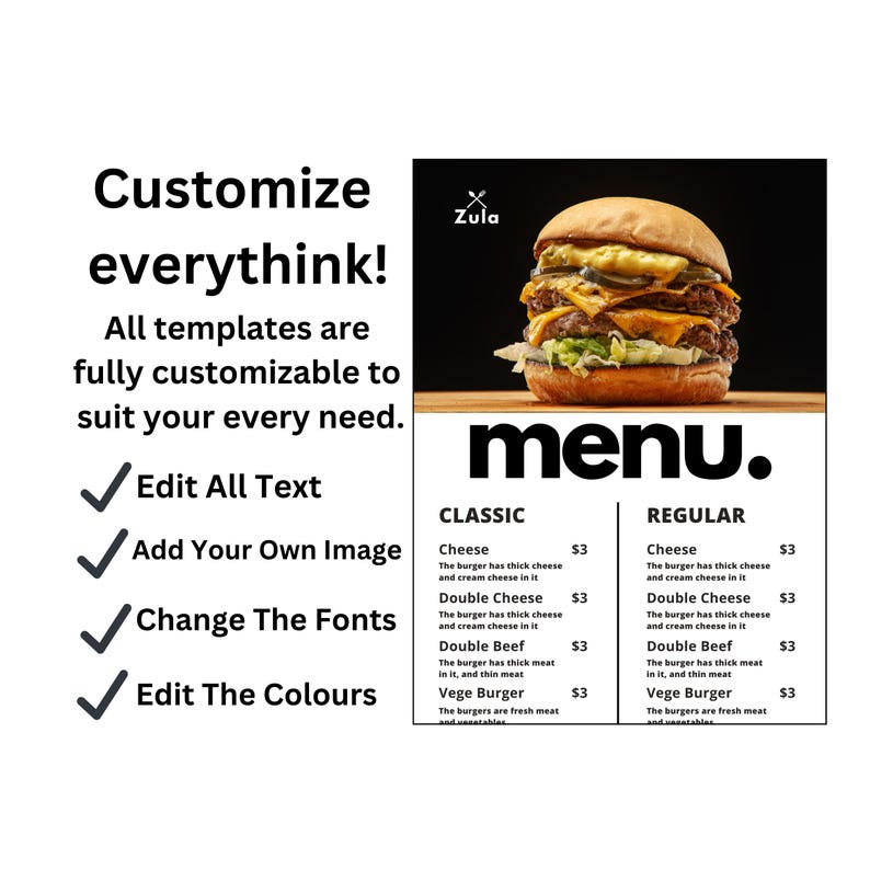 Simple Canva Burger Menu Template A4, Customizable Restaurant Menu Design, Editable Fast Food ...