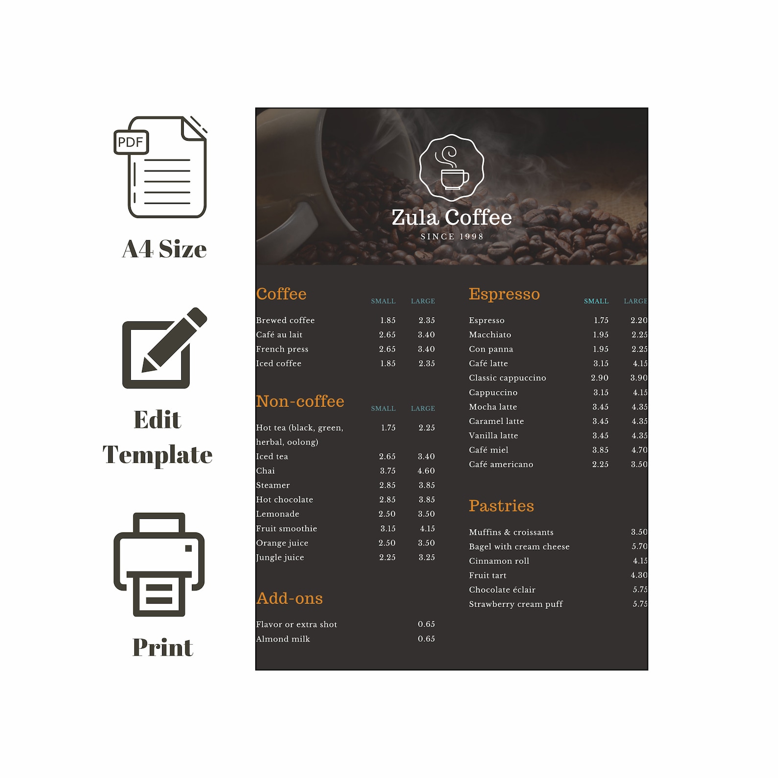 Coffee Menu Template, Customizable Coffee Menu Template, Coffee Shop ...