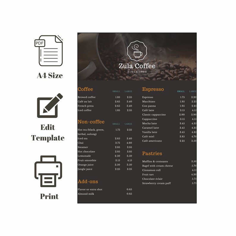 Coffee Menu Template, Customizable Coffee Menu Template, Coffee Shop ...