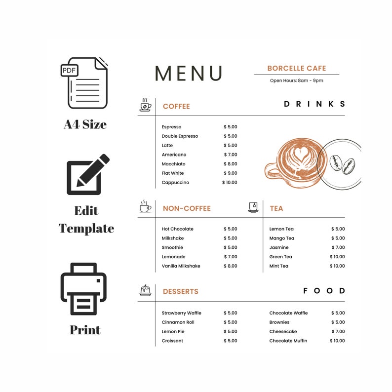 Customizable Coffee Shop Menu Template, A4 Canva Design (digital ...