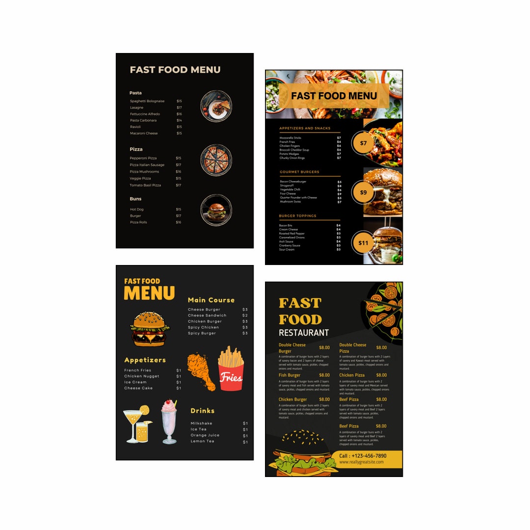 Set of 4 Fast Food Menu Templates Editable Fast Food Menu Templates ...