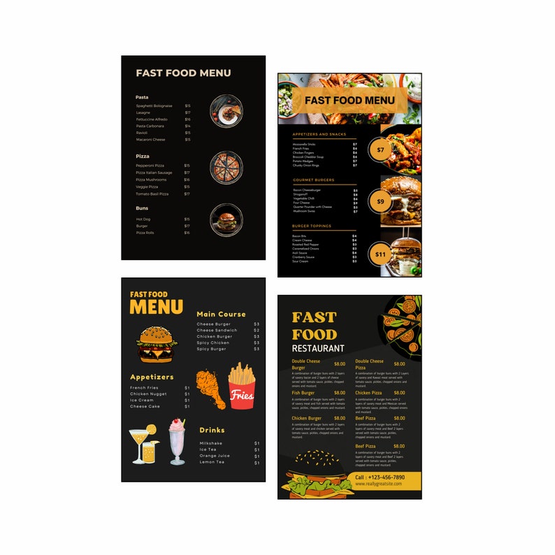 Set of 4 Fast Food Menu Templates | Editable Fast Food Menu Templates ...