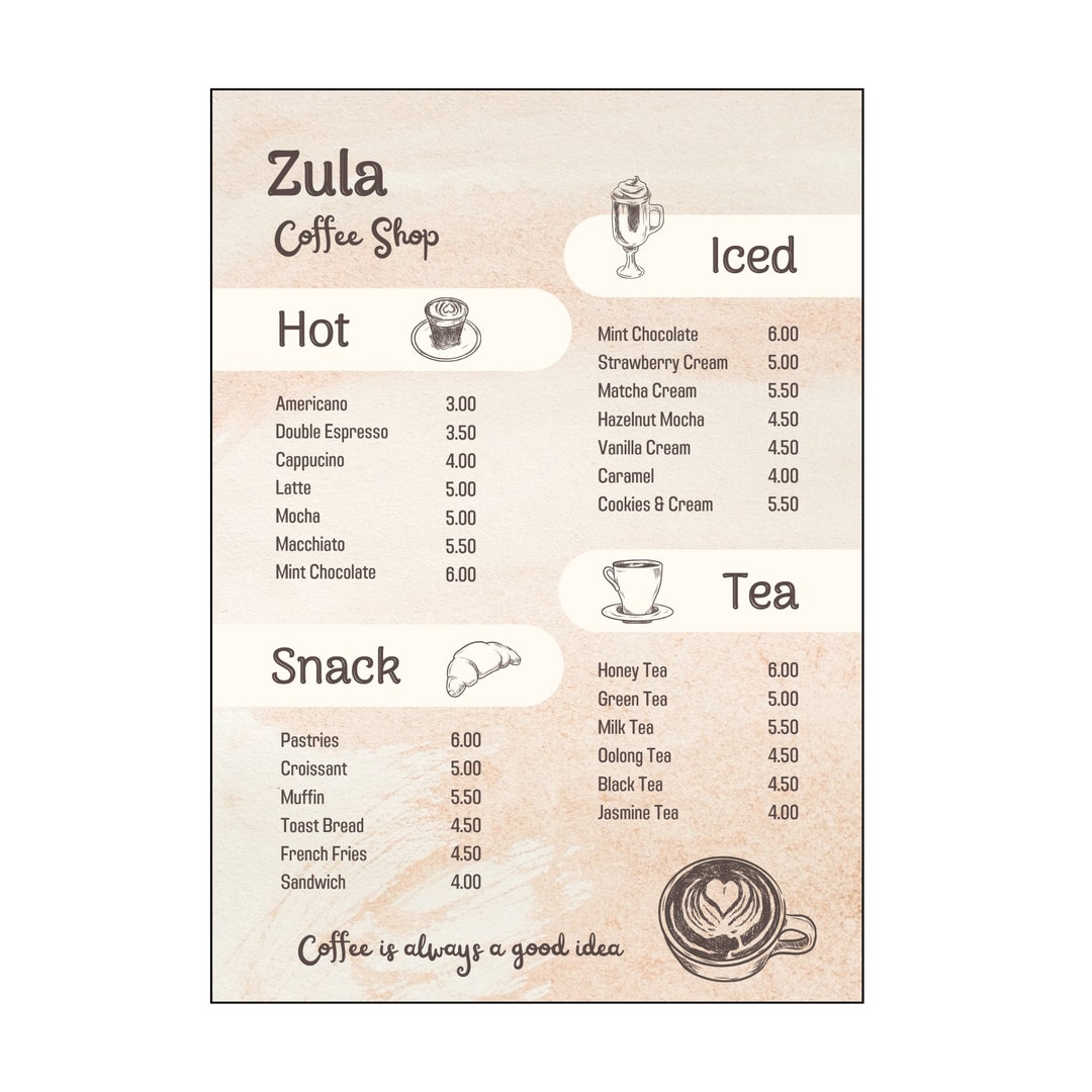 Customizable Café Menu Template in Canva, A4 Size Printable Coffee ...