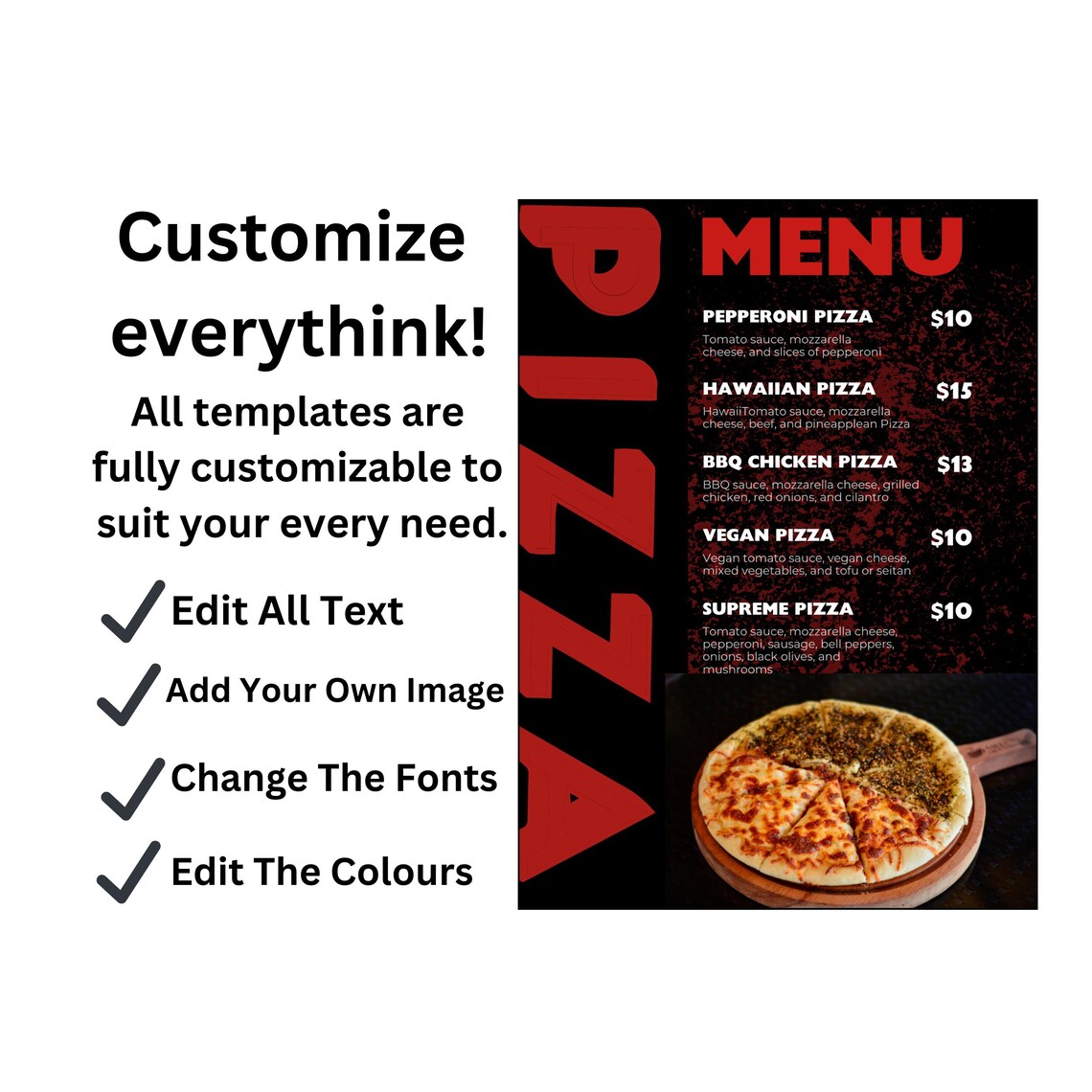Modern Pizza Menu Template Canva | A4 Editable Restaurant Price Menu ...