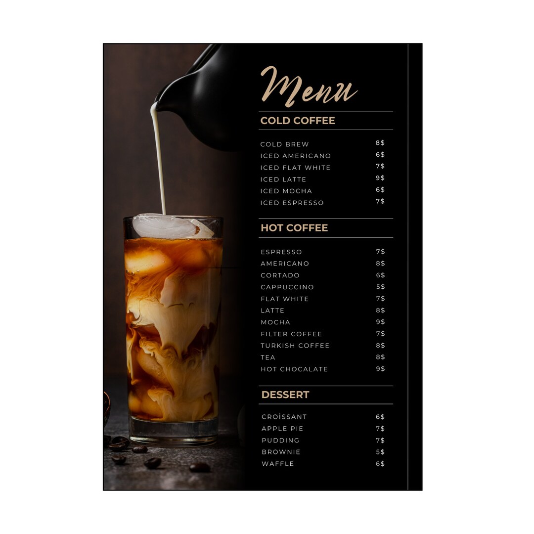 A4 Size Coffee Menu Template for Canva, Editable Café Price List Design ...
