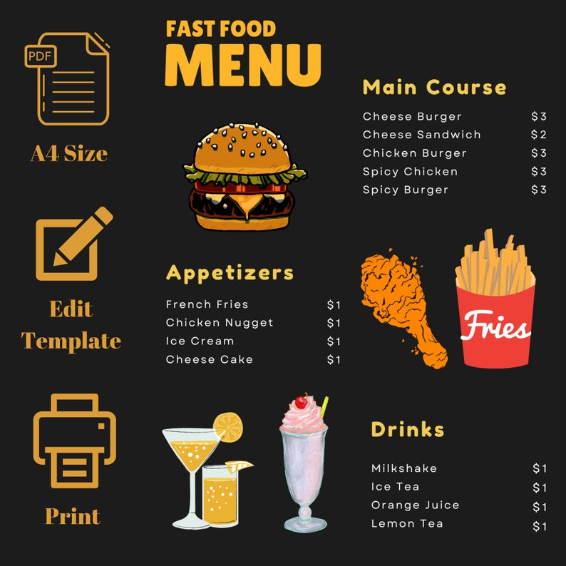 Set of 4 Fast Food Menu Templates | Editable Fast Food Menu Templates ...