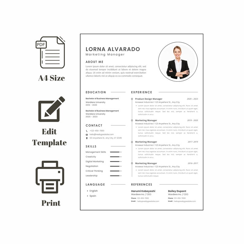 Editable Canva CV Template With Photo, Professional A4 Resume for Job ...