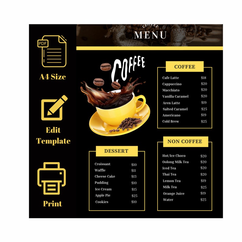 Coffee Menu Template, Customizable Coffee Menu Template, Coffee Shop ...