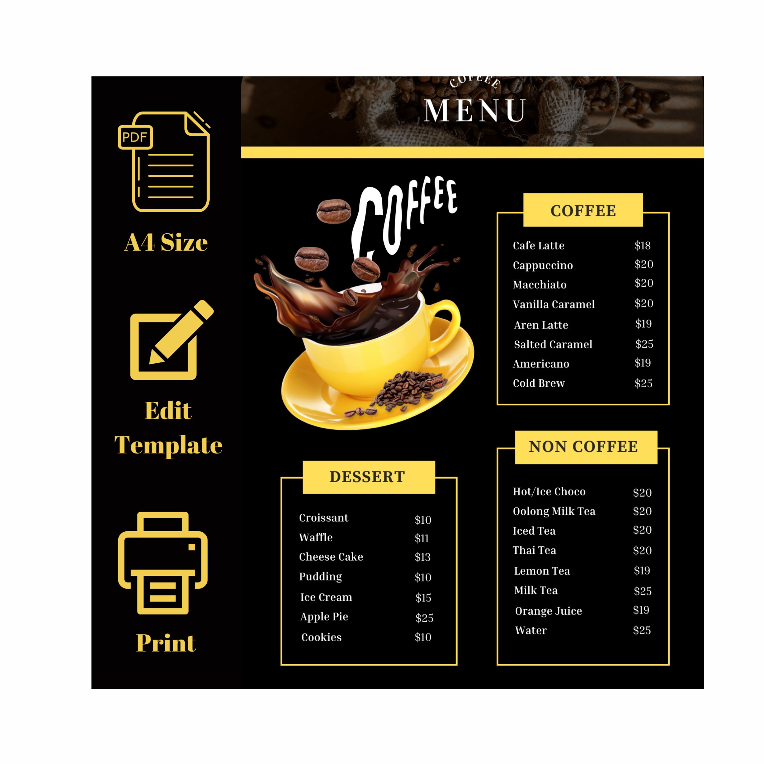 Coffee Menu Template, Customizable Coffee Menu Template, Coffee Shop ...