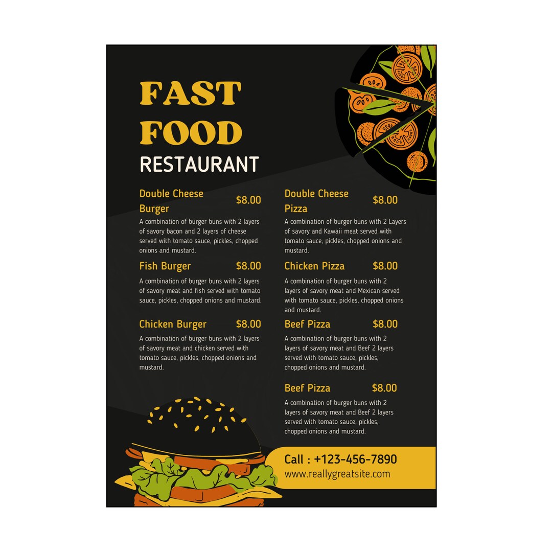 Printable Fast Food Menu Template | Canva Editable A4 Menu Design ...