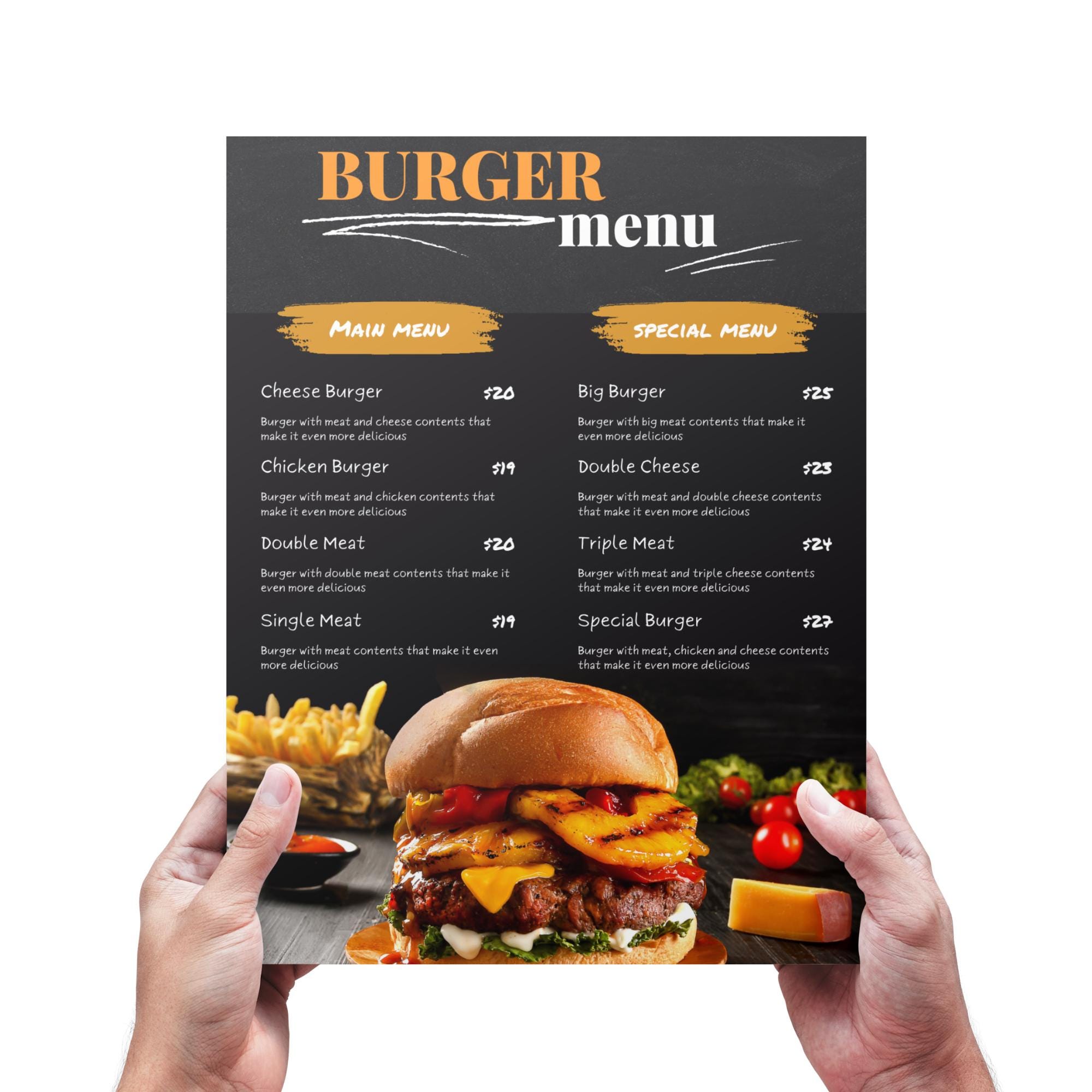 Modern Burger Menu Design for Canva, Customizable A4 Fast Food Menu ...