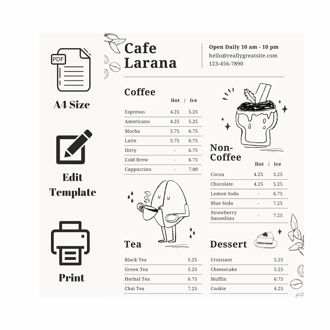 Barista Coffee Menu Template for Canva, A4 Size Editable and Printable ...