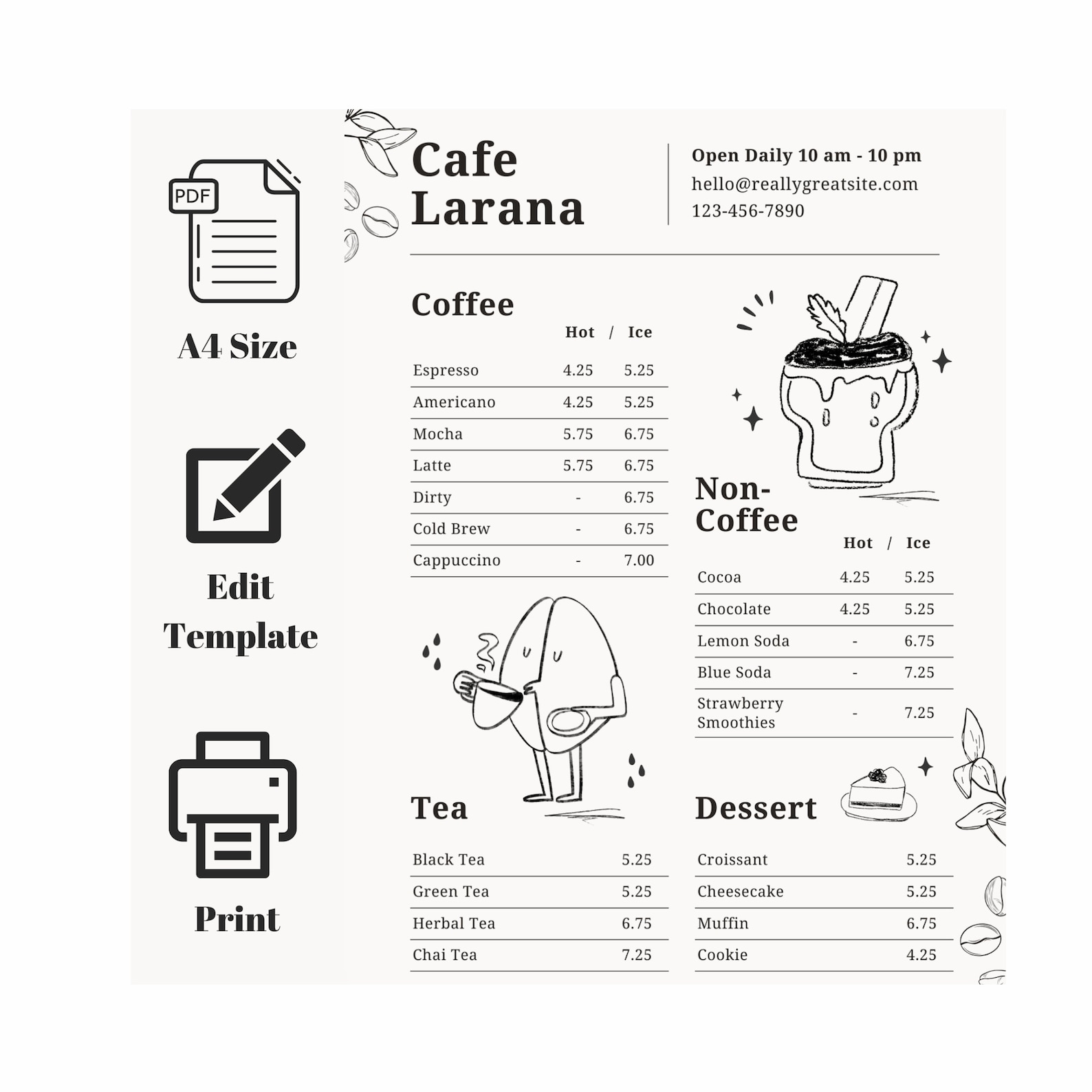 Barista Coffee Menu Template for Canva, A4 Size Editable and Printable ...